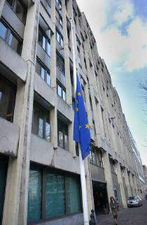 BRU101 - - BRUSSELS, BELGIUM : The European flag is down in front of ...