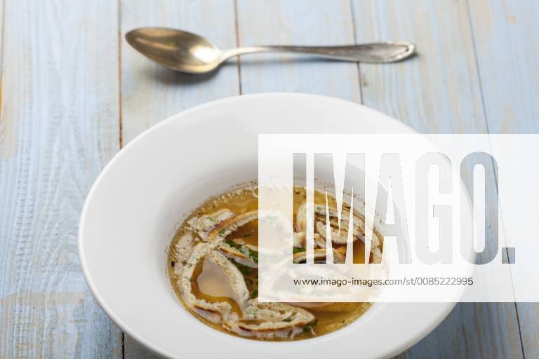 Bavarian pancake soup in plate bavarian pancake soup