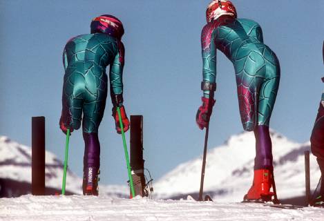 Disabled skiers amputees who ski with outriggers) in the starting gate ...