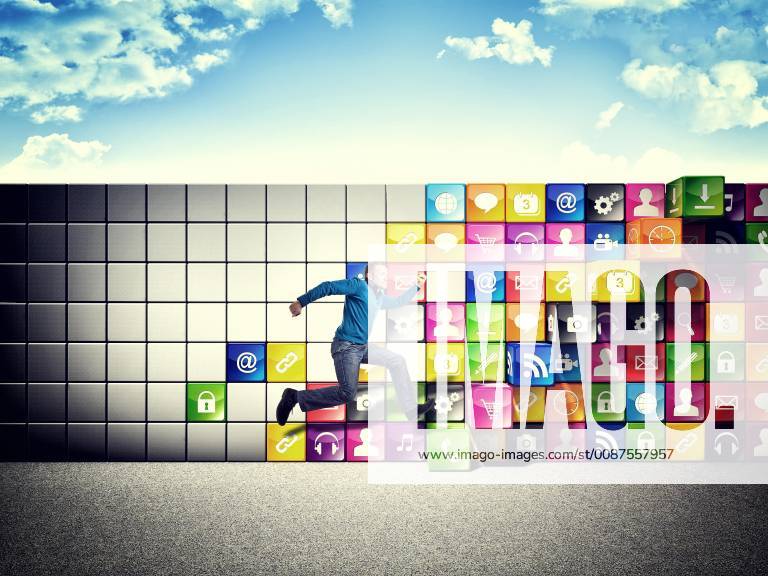 Jumping man and smart icon step model released Symbolfoto