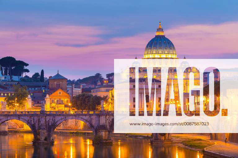 Night view of old roman Bridge of Hadrian and St. Peter s cathedral in ...