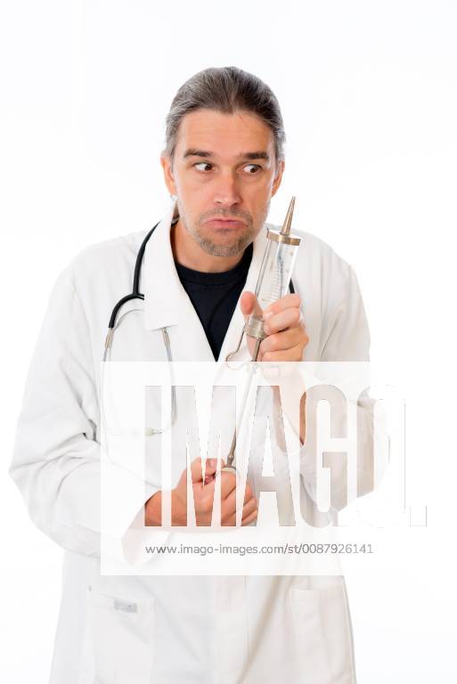 Funny doctor with a big injection in white lab coat model released ...