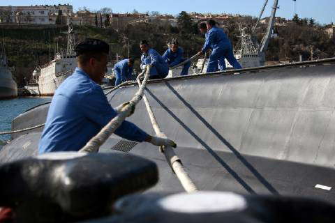 SEVASTOPOL, RUSSIA - MARCH 29, 2019: The crew of Russia s B-268 Veliky ...