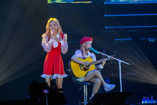 Ahn Ji-young and Woo Ji-yoon of South Korean duo Bolbbalgan4 perform ...