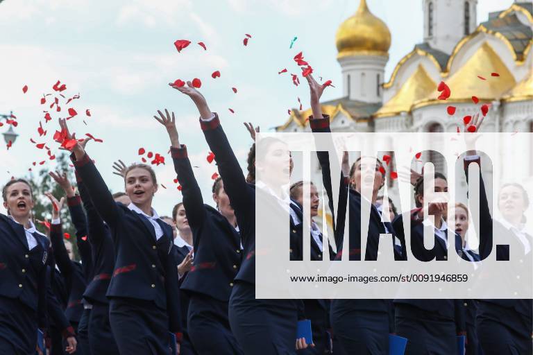MOSCOW, RUSSIA - : Young girls during a joint graduation ceremony for ...