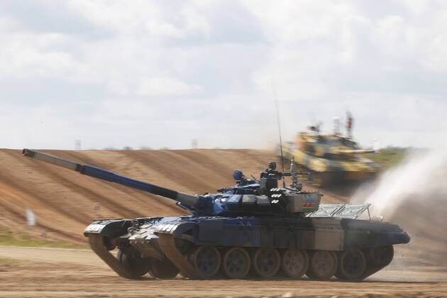 MOSCOW REGION, RUSSIA - AUGUST 29, 2020: Azerbaijan s T-72B3 tank takes part in a tank biathlon