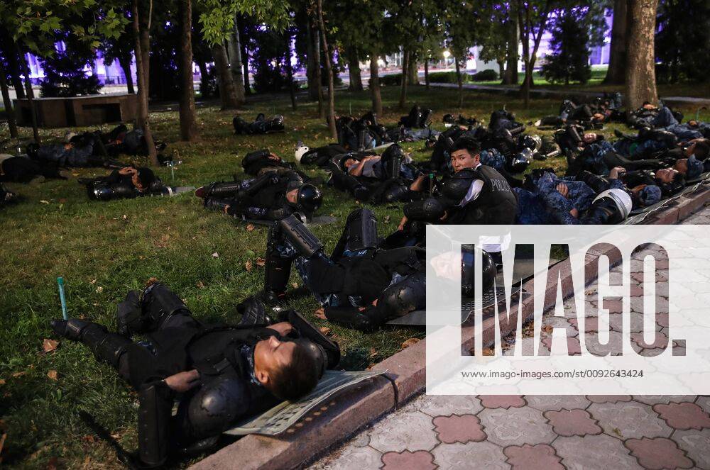 BISHKEK, KYRGYZSTAN - AUGUST 9, 2019: Riot police officers having rest ...