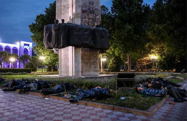 BISHKEK, KYRGYZSTAN - AUGUST 9, 2019: Riot police officers having rest ...
