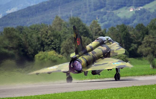 A two-seater, Swedish Saab SK 37E Viggen takes off from Mollis airfield ...