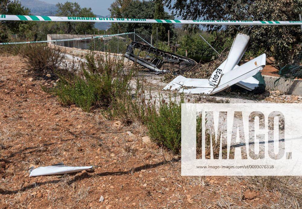 View of debris of one of the aircrafts involved in a crash in a cordon ...
