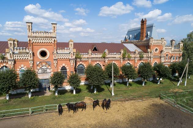 RYAZAN REGION, RUSSIA – : An aerial view of the Starozhilovo stud farm built in 1893 by Russian