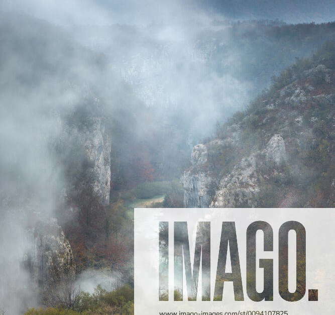 Limestone gorge below the Sastavci waterfalls, Plitvice Lakes National ...