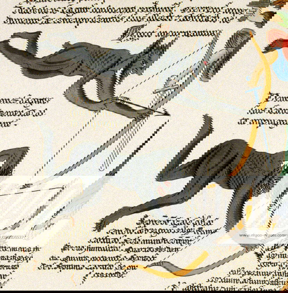 Middle Ages Devils drawing in the detailed arc of the scale of virtues ...
