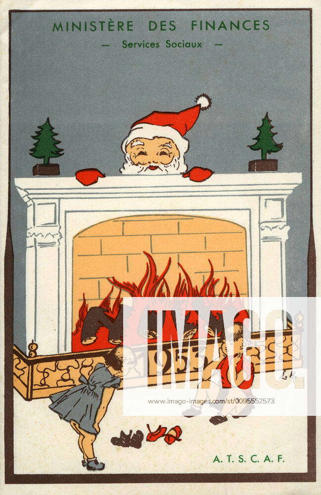 Christmas 50s Santa Claus behind a fireplace, watching children play ...