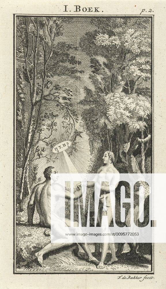 The marriage of Adam and Eve, Adam and Eve naked in paradise. Adam is ...