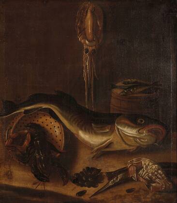 Still Life With Fish. Fish still life. On the table are a cod, a crab ...