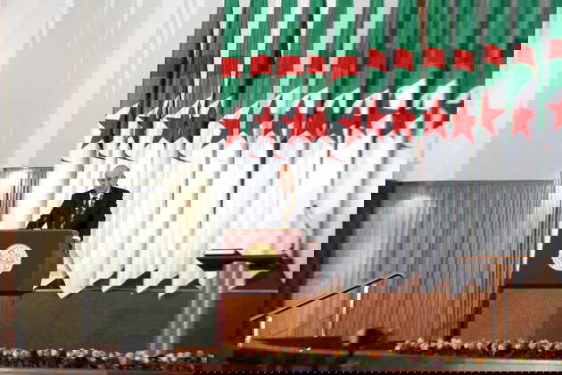 Algerian President Abdelmadjid Tebboune chairs a cabinet meeting, in ...