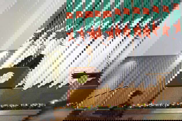 Algerian President Abdelmadjid Tebboune chairs a cabinet meeting, in ...