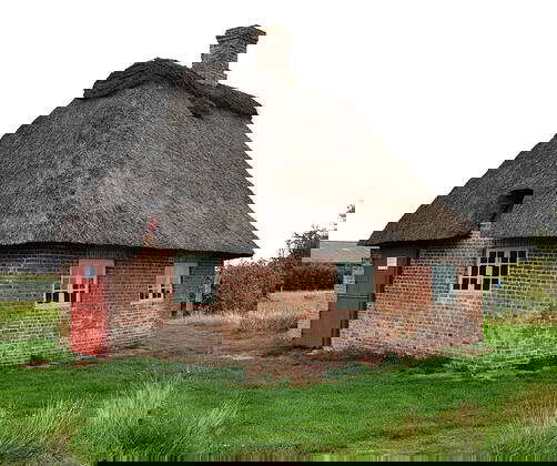 Historic school building in Toftum on the island of Roemoe in Denmark ...