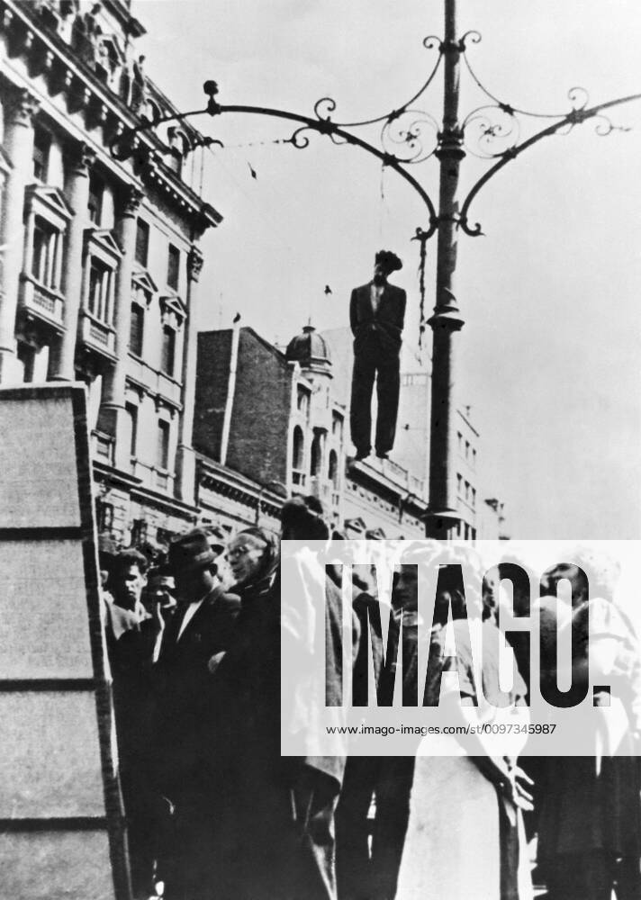 Yugoslavian partisan hanging from a lamp post on Milan St. in Belgrade ...