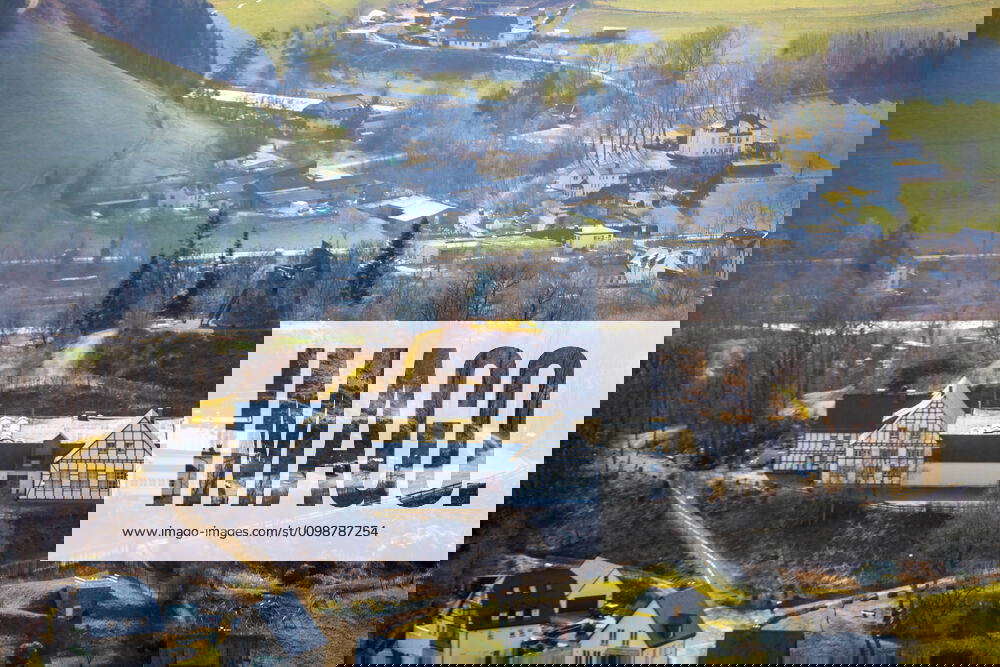 Aerial view, ruins of Eversberg Castle, Eversberg Castle Hall ...