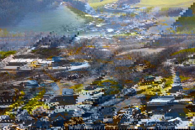 Aerial view, ruins of Eversberg Castle, Eversberg Castle Hall ...