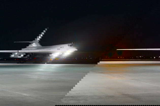 Tupolev Tu-160M strategic bomber of the Russian Air Force landing, Kubinka, Moscow Region, Russia