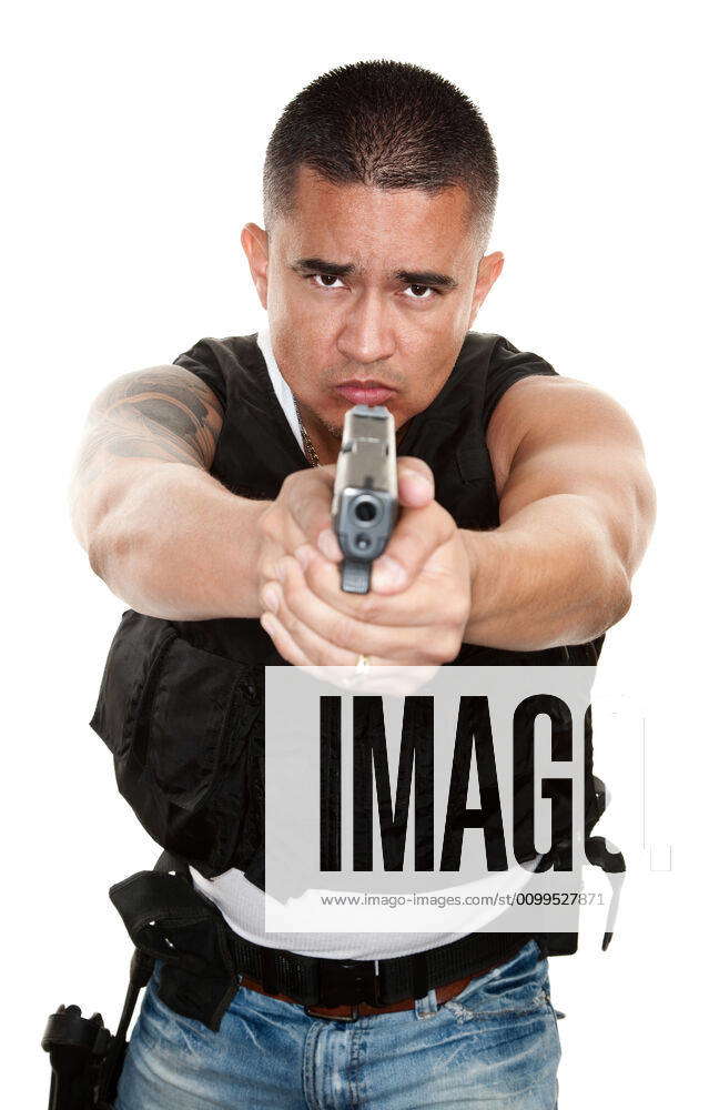 Tough Cop Pointing Gun Tough Latino Cop Pointing Pistol at Camera
