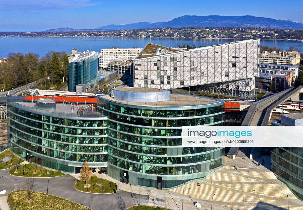 New buildings in the Secheron district in front of Lake Geneva, in front Maison de la paix