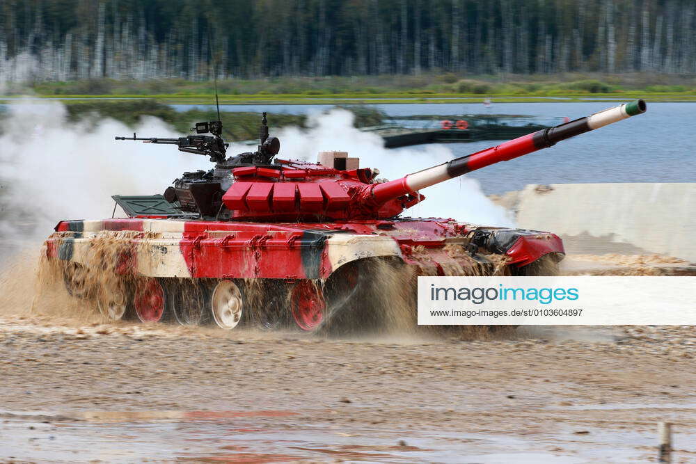 MOSCOW REGION, RUSSIA - AUGUST 29, 2020: Azerbaijan s T-72B3 tank takes part in a tank biathlon