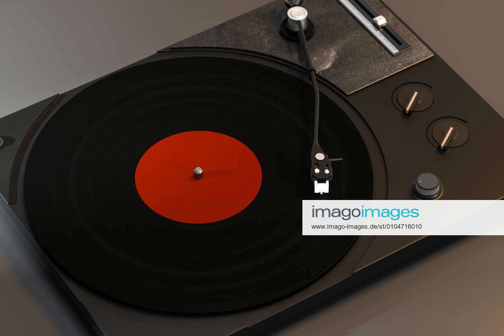 Three-dimensional rendering of a black record player with rich details