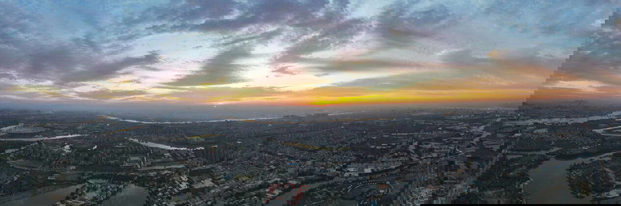 Aerial photography of sunrise scenery in Mayong Town, Dongguan ...