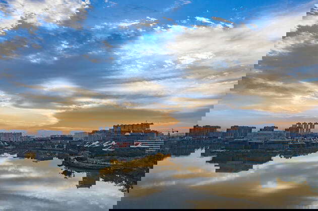 Aerial photography of sunrise scenery in Mayong Town, Dongguan ...