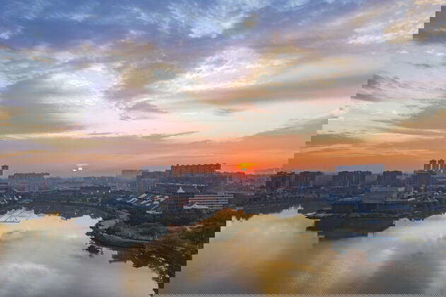 Aerial photography of sunrise scenery in Mayong Town, Dongguan ...