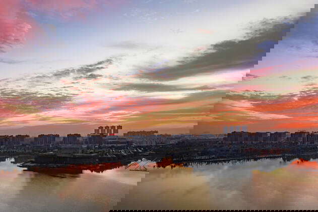 Aerial photography of sunrise scenery in Mayong Town, Dongguan ...