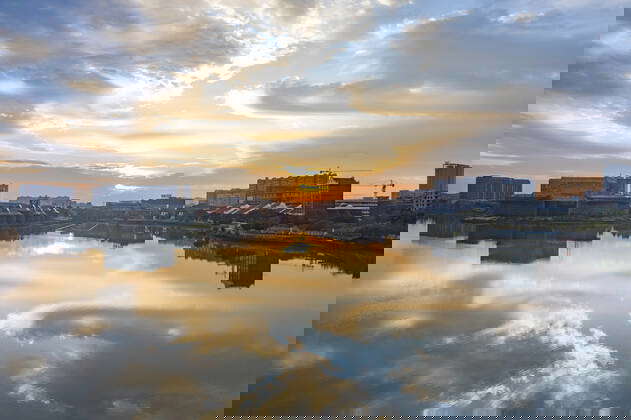 Aerial photography of sunrise scenery in Mayong Town, Dongguan ...