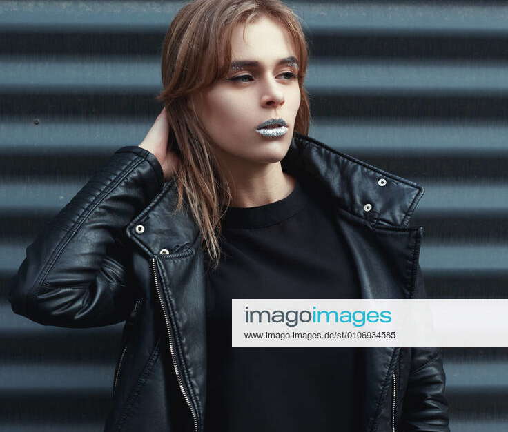 Street Fashion Concept Stylish Hipster Woman In Rock Black Style