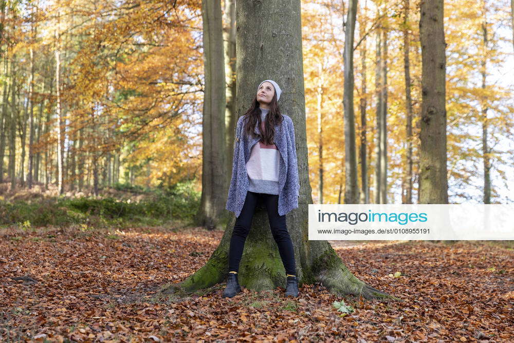 Female explorer standing against tree trunk in Cannock Chase forest ...