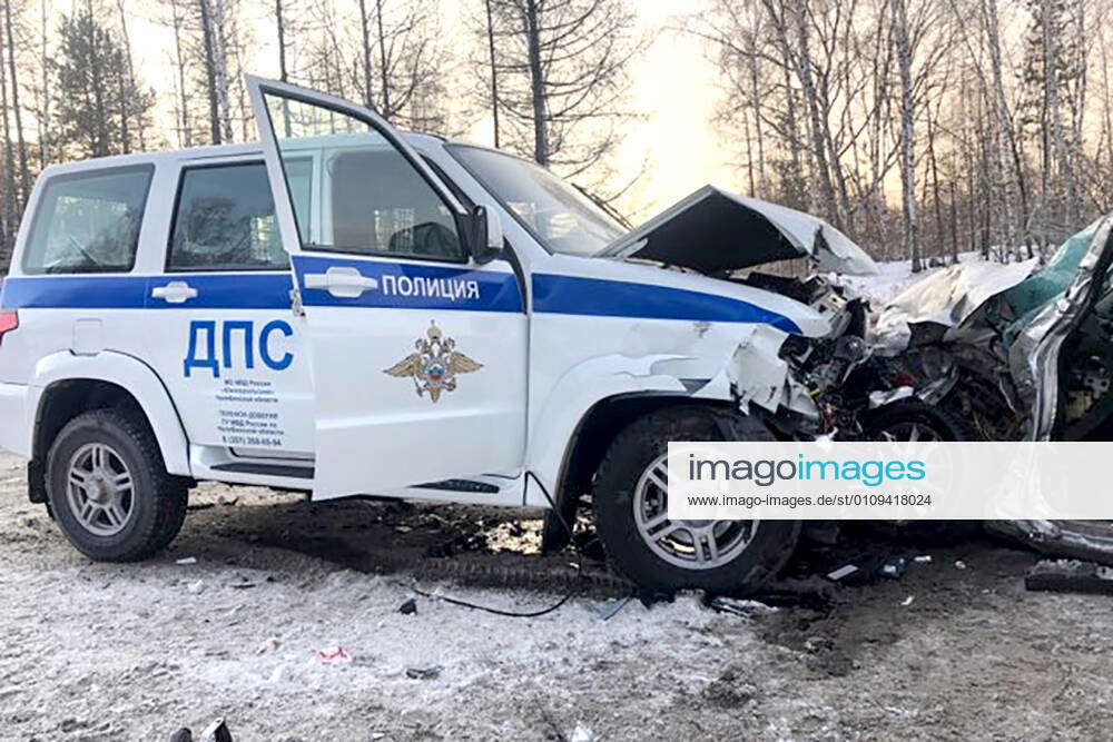 CHELYABINSK REGION, RUSSIA - : The site of a road accident involving a Kia Ceed car and a UAZ
