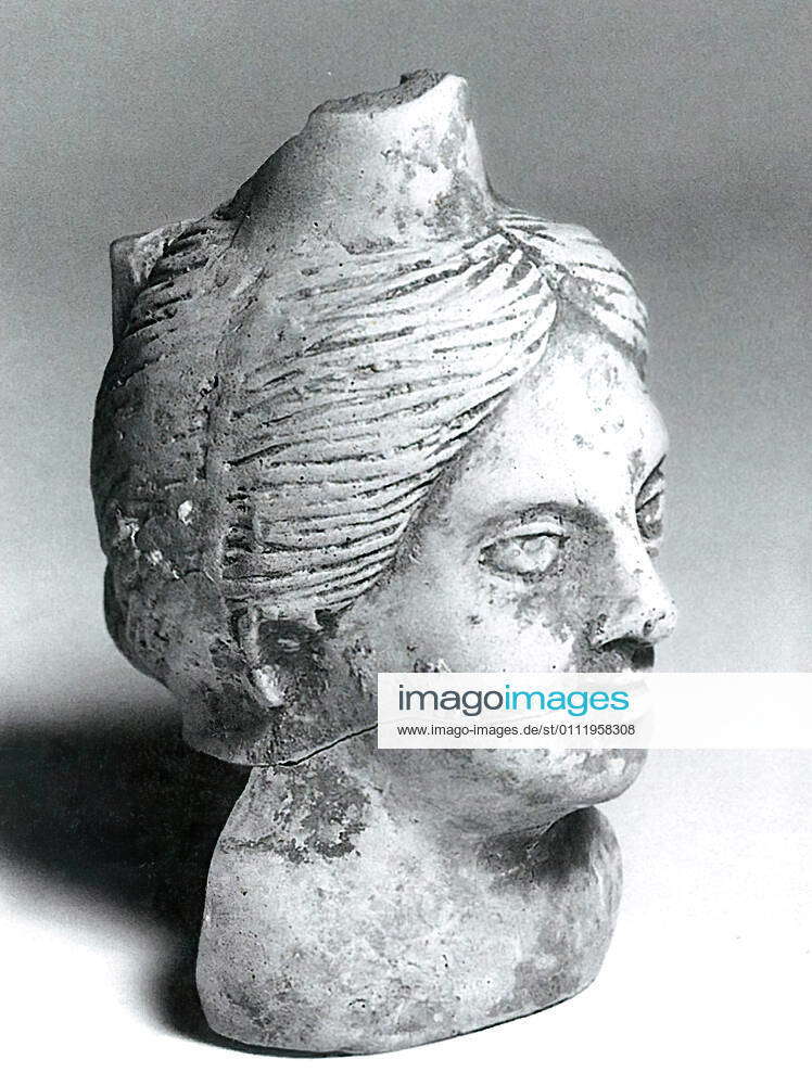 Magenta class, Jug in the shape of a woman s head, clay, pressed into ...