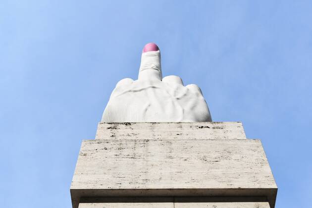 Milan, Italy The Finger LOVE sculpture by the artist Maurizio Cattelan ...
