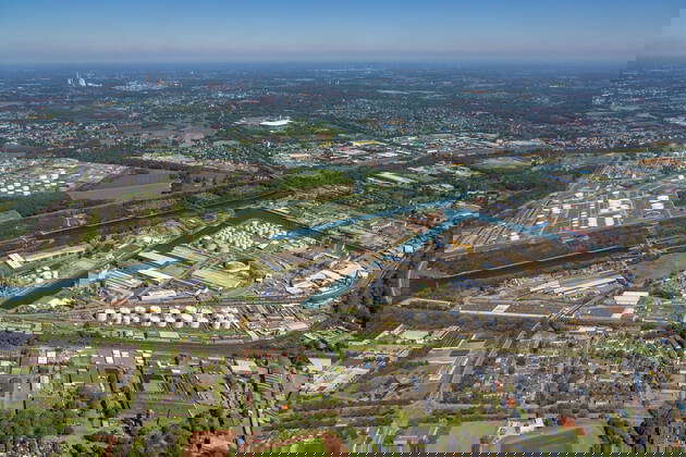 Aerial view City port Gelsenkirchen with port mouth bridge ...