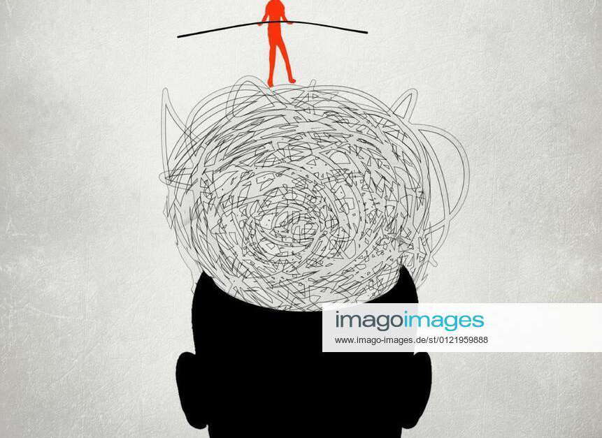 Equilibrist walking on muddled thoughts digital illustration