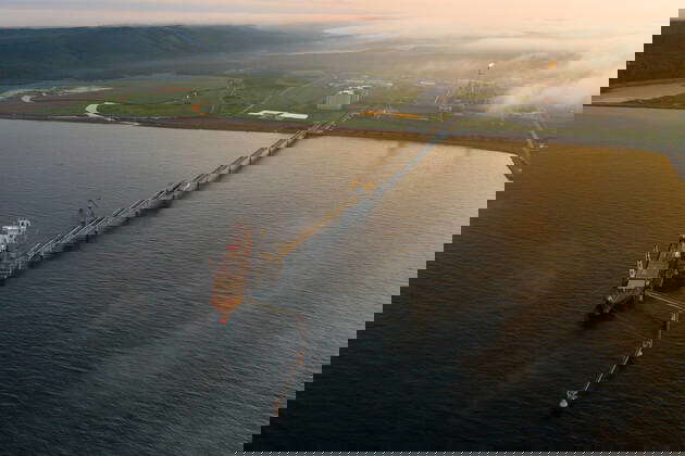 SAKHALIN REGION, RUSSIA – : An aerial view of the LNG Jetty at the ...