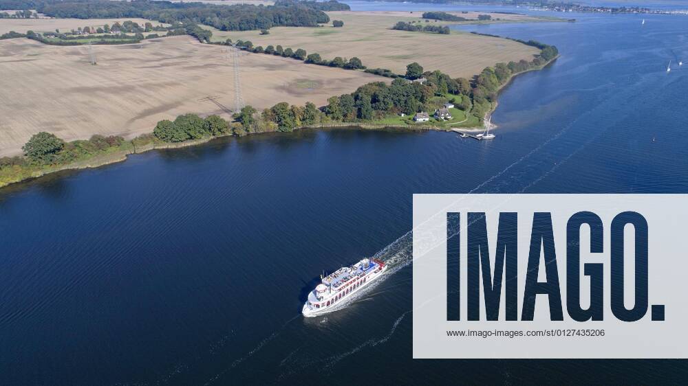 Aerial view, paddle steamer Schlei Princess near Rabel, Schlei ...