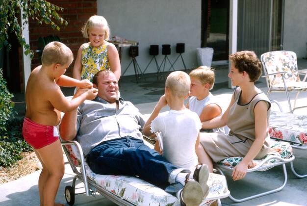 Dan Blocker, at home, with his wife Dolphia Parker Blocker, and their ...
