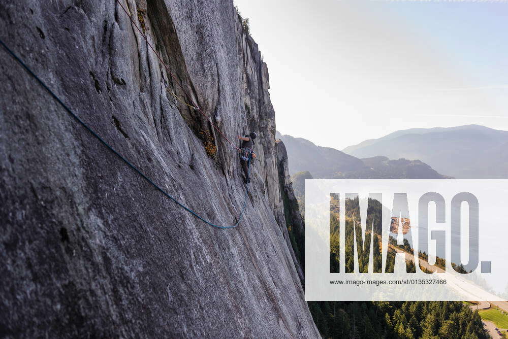 Young male rock climber climbing rock face, elevated view, The Chief ...