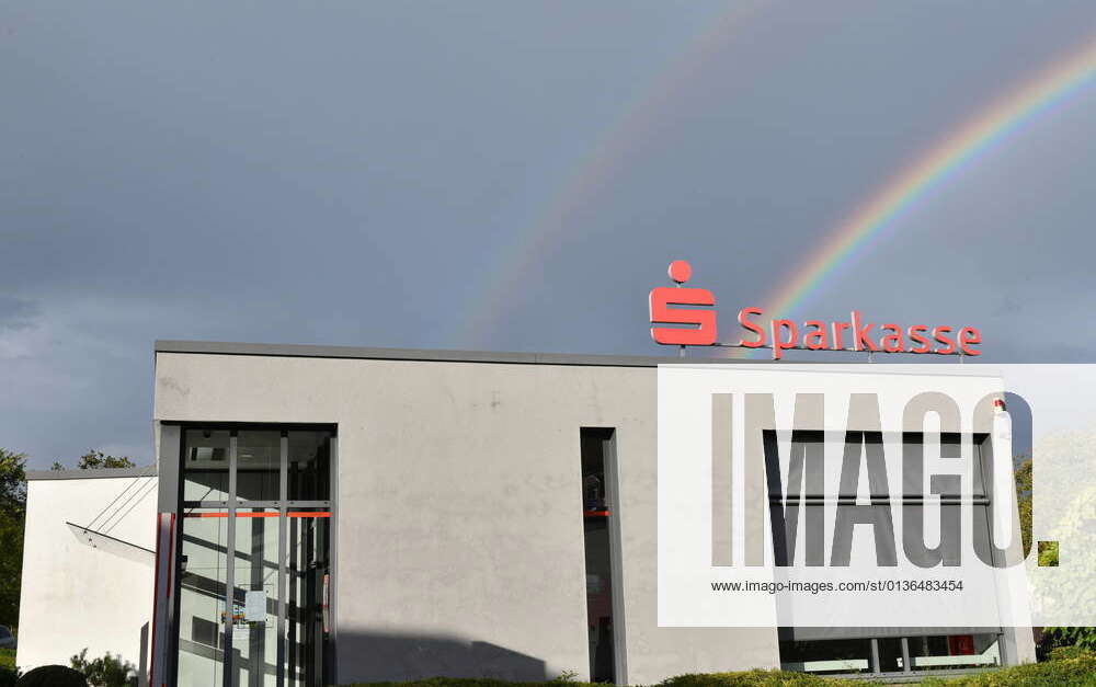 A rainbow stands over the Bellevue branch of Sparkasse Saarbrücken on ...