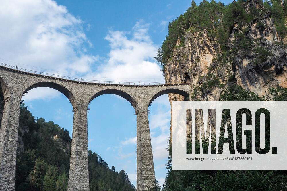 Landwasser Viaduct, single track, six-arched curved limestone railway ...