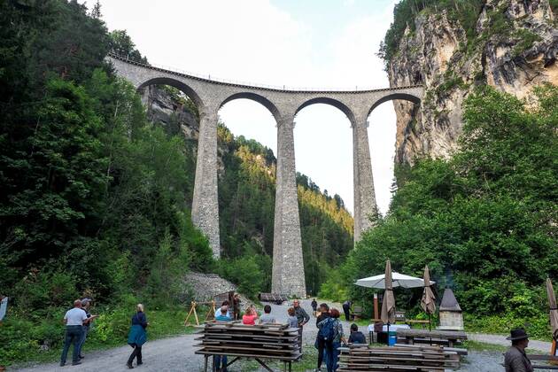Landwasser Viaduct, single track, six-arched curved limestone railway ...